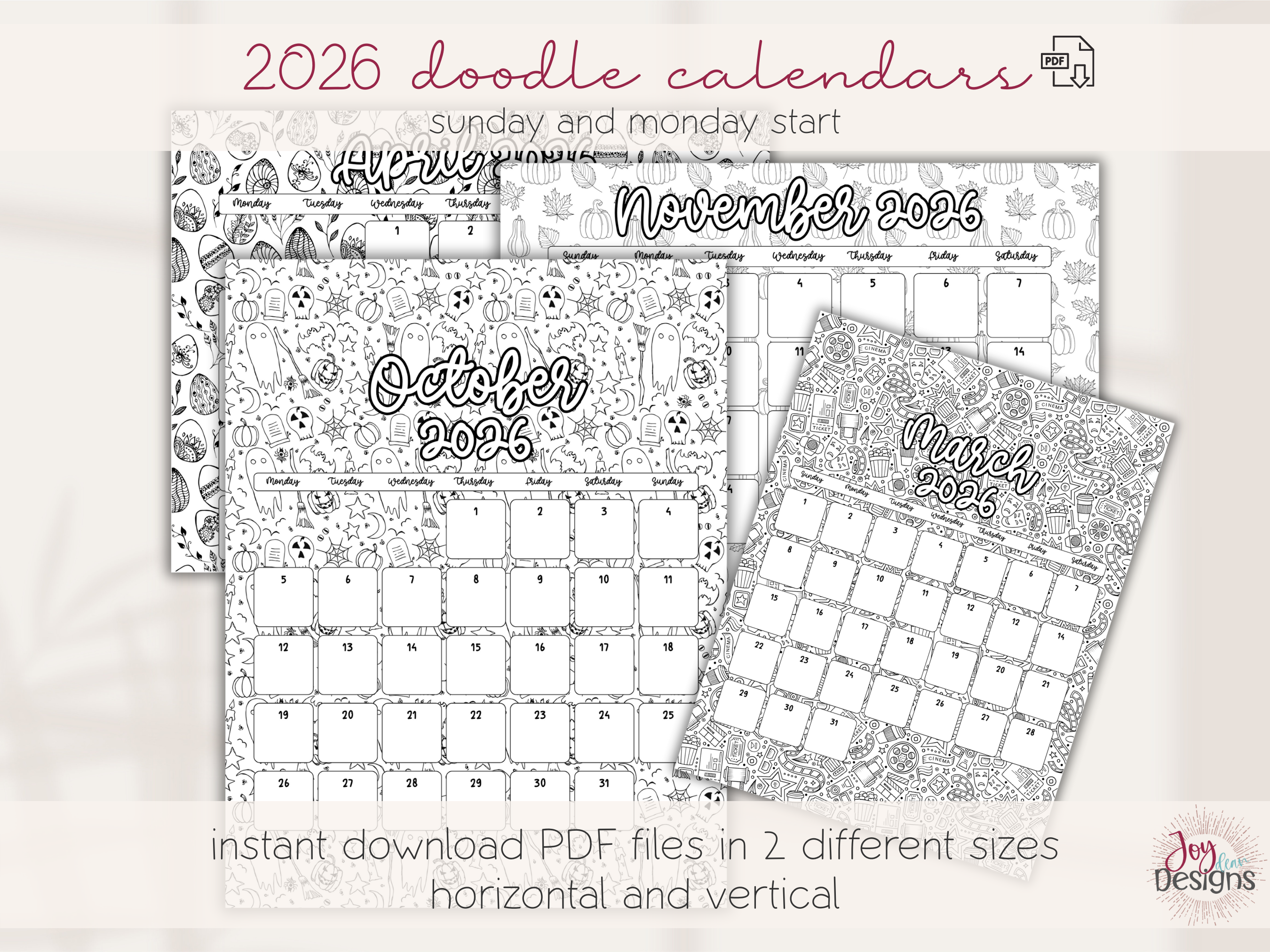 2026 Monthly Calendars Doodle Coloring Instant Download Printable Cale ...