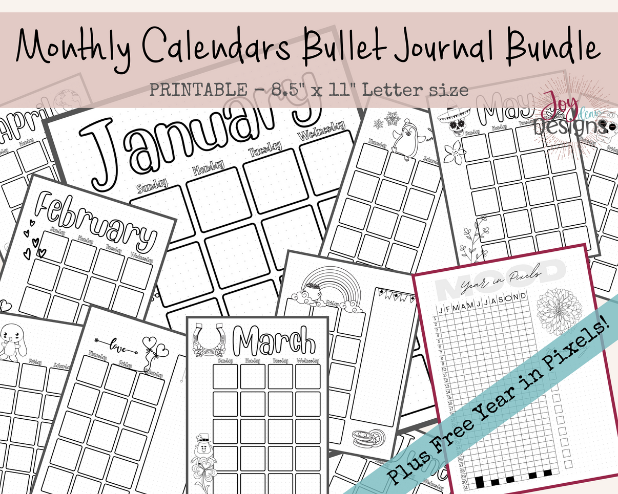 Pre-Made 12 Monthly Calendars Bullet Dotted Journal Pages Instant Down ...